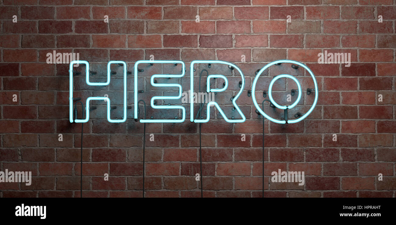 HERO - fluorescent Neon tube Sign on brickwork - Front view - 3D ...