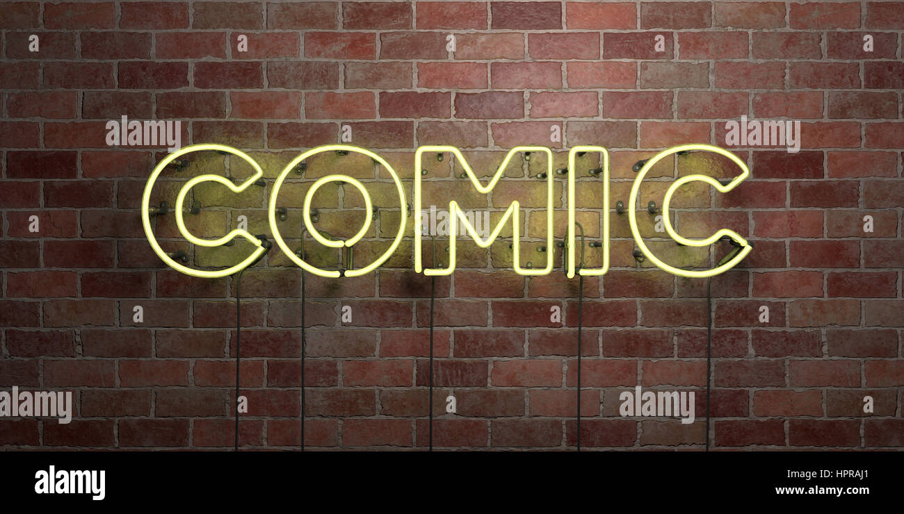 COMIC - fluorescent Neon tube Sign on brickwork - Front view - 3D ...