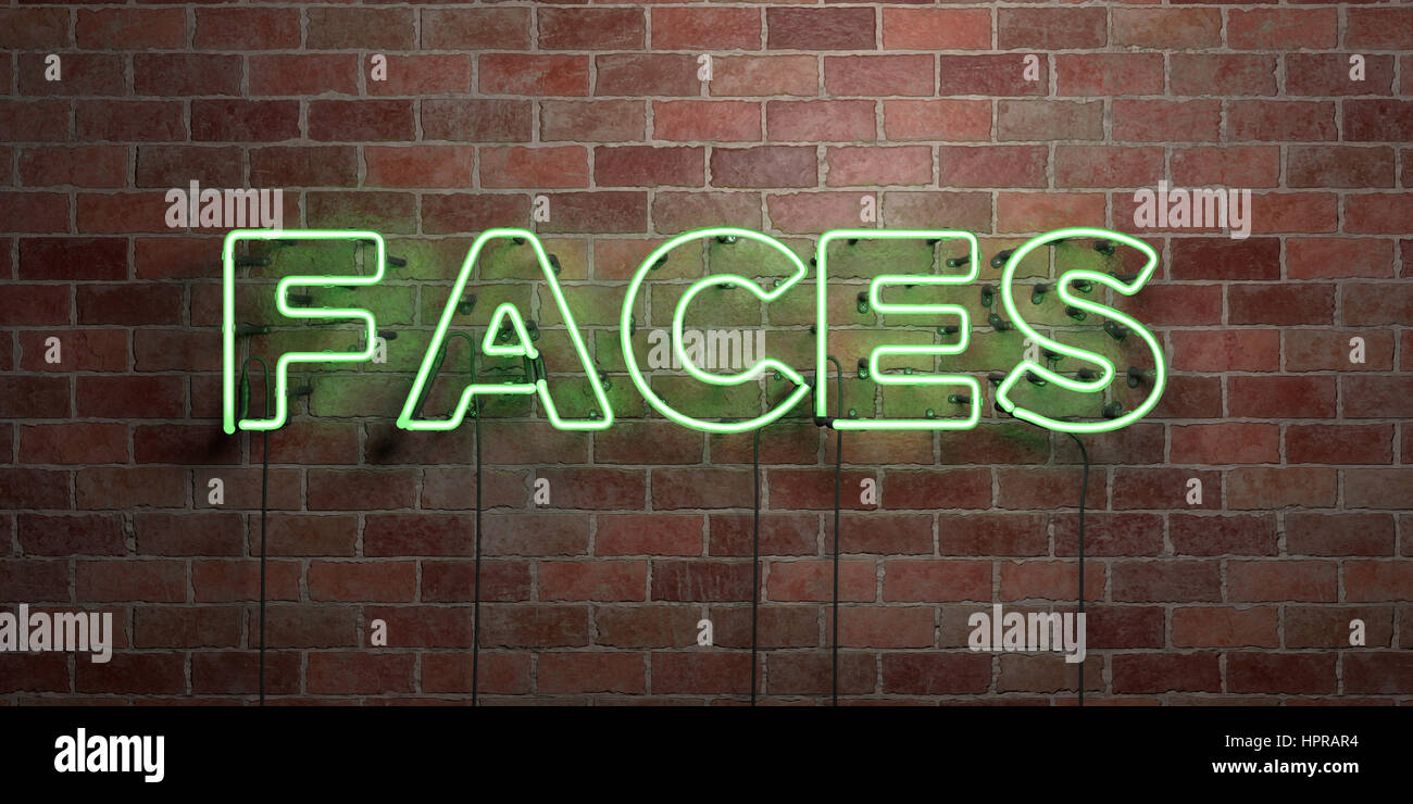 FACES - fluorescent Neon tube Sign on brickwork - Front view - 3D ...