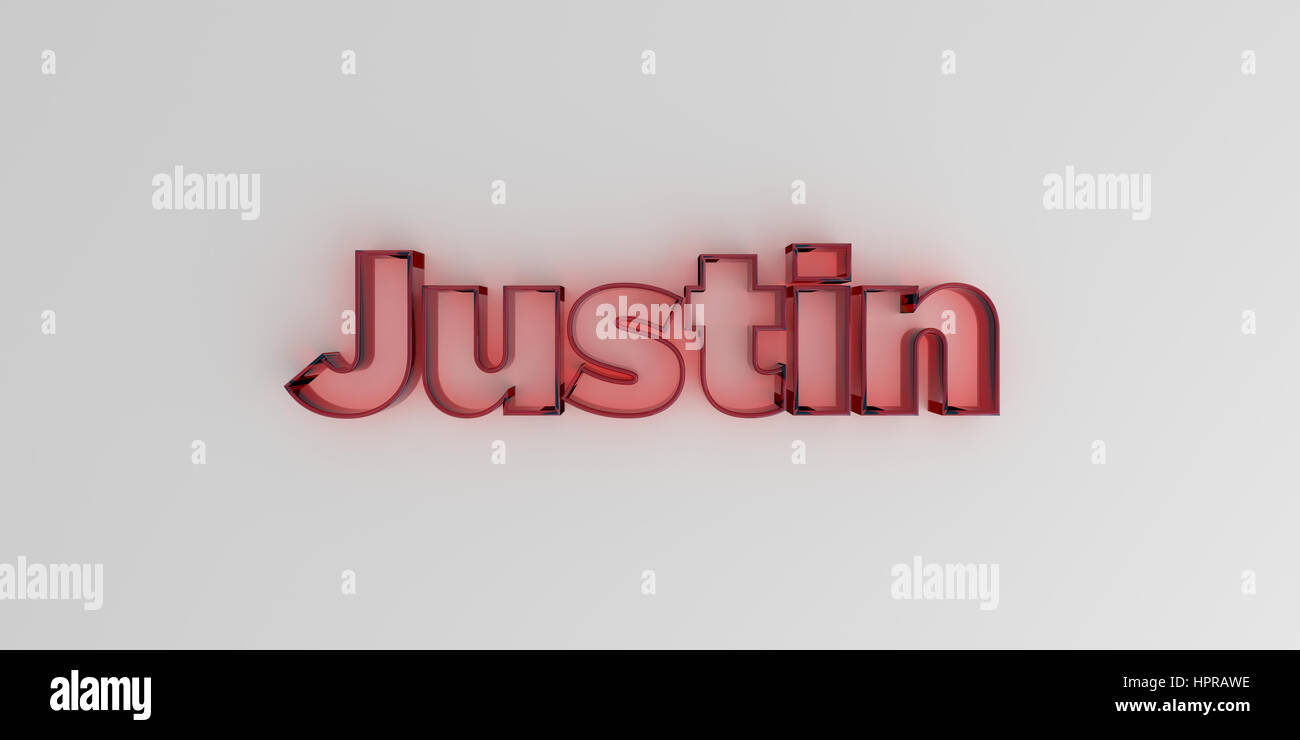 Justin - Red glass text on white background - 3D rendered royalty free ...