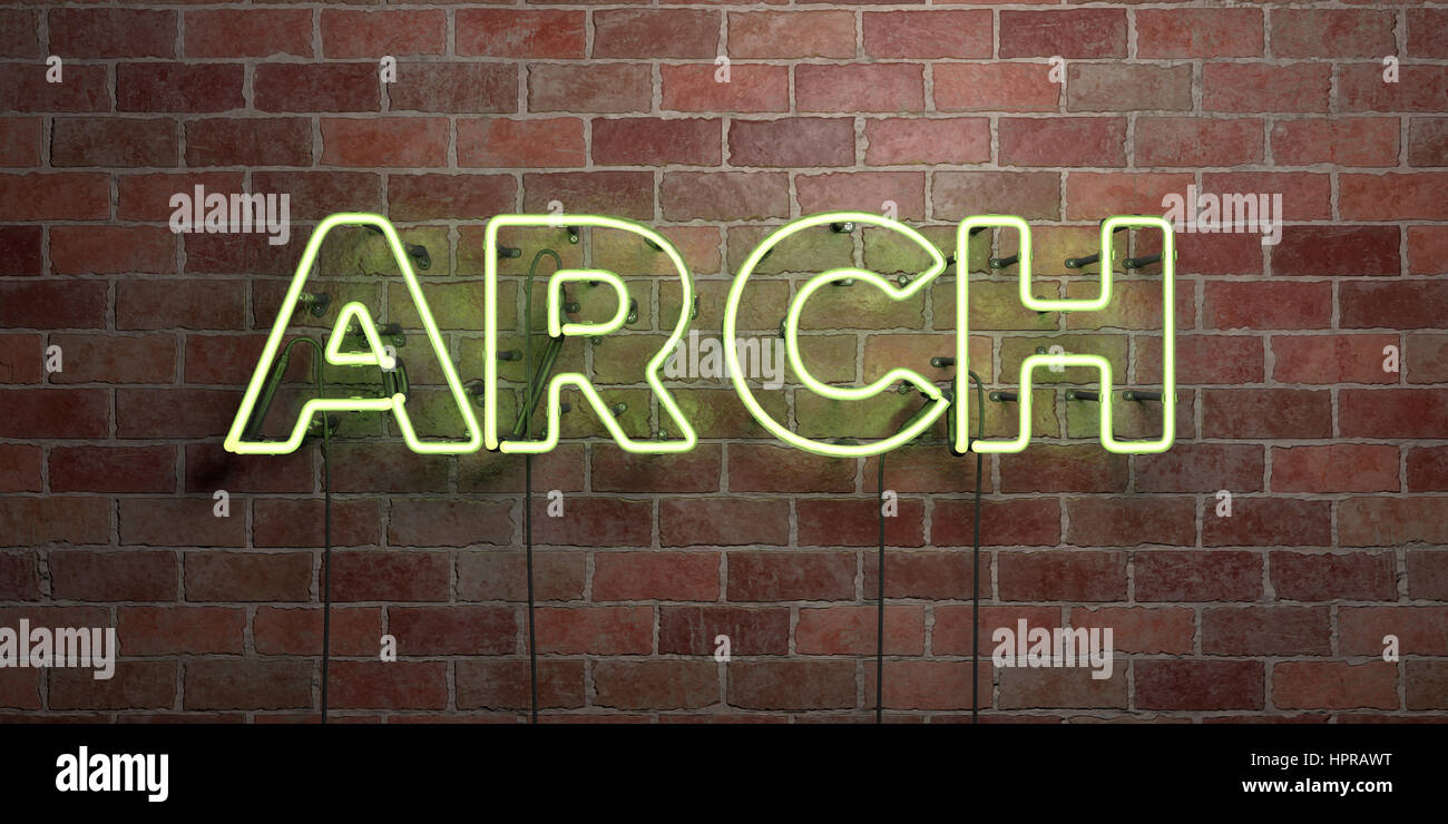 ARCH - fluorescent Neon tube Sign on brickwork - Front view - 3D ...