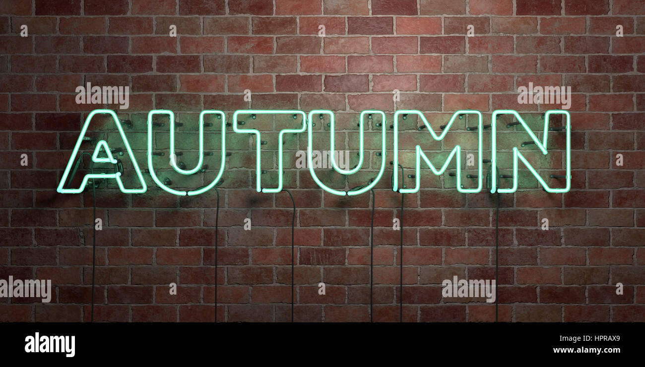 AUTUMN - fluorescent Neon tube Sign on brickwork - Front view - 3D ...
