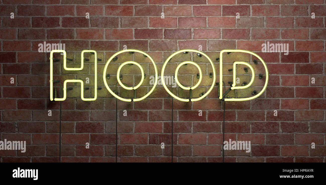 HOOD - fluorescent Neon tube Sign on brickwork - Front view - 3D ...
