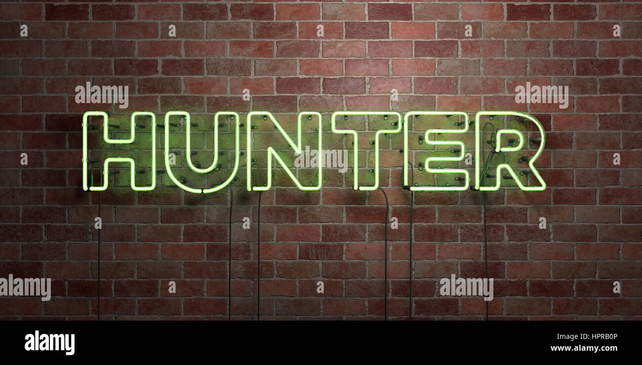 HUNTER - fluorescent Neon tube Sign on brickwork - Front view - 3D ...