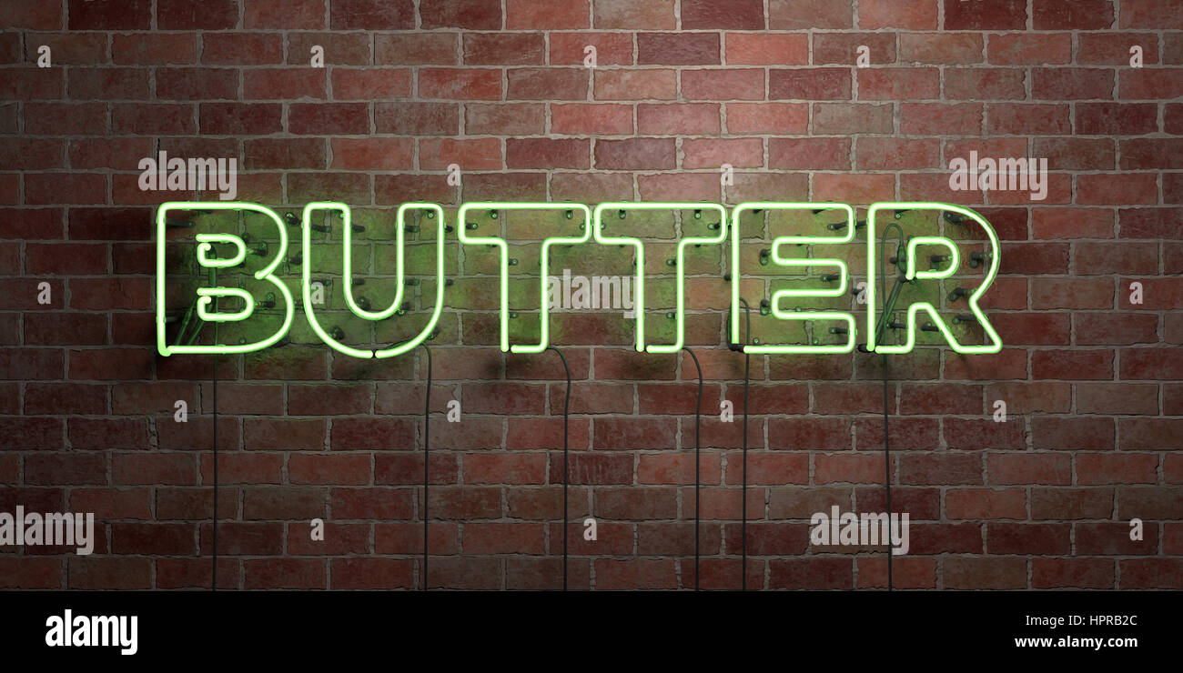 BUTTER - fluorescent Neon tube Sign on brickwork - Front view - 3D ...