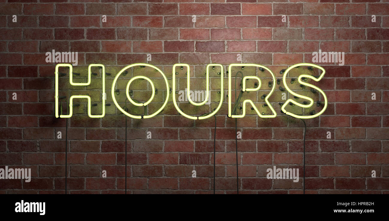 HOURS - fluorescent Neon tube Sign on brickwork - Front view - 3D ...