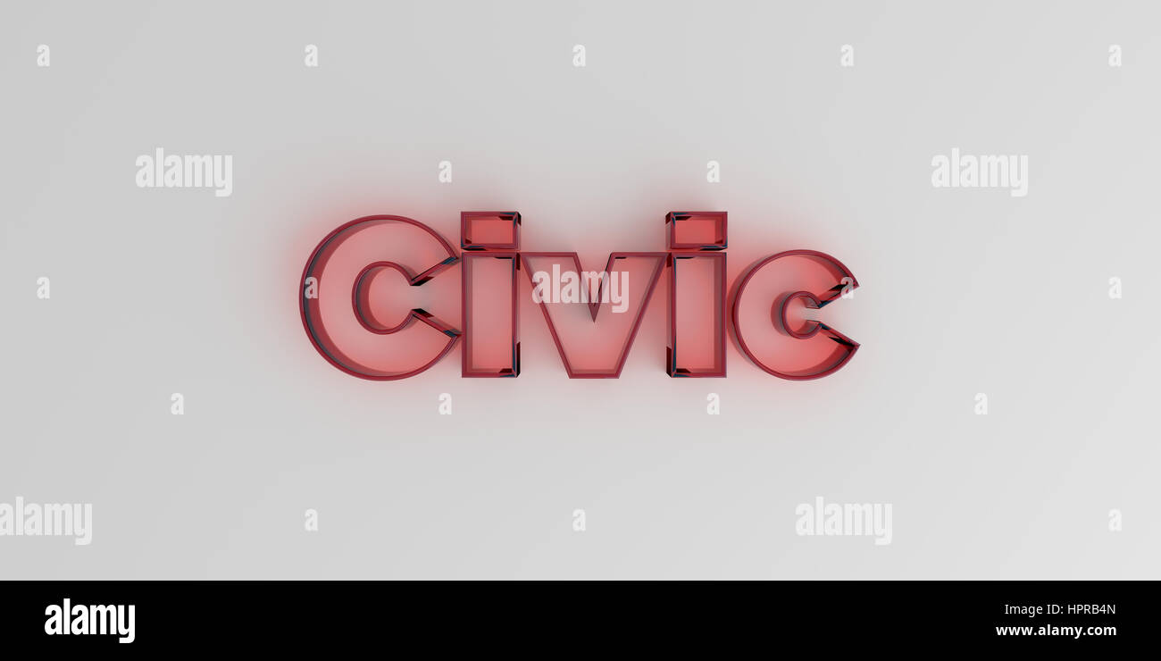 Civic - Red glass text on white background - 3D rendered royalty free ...