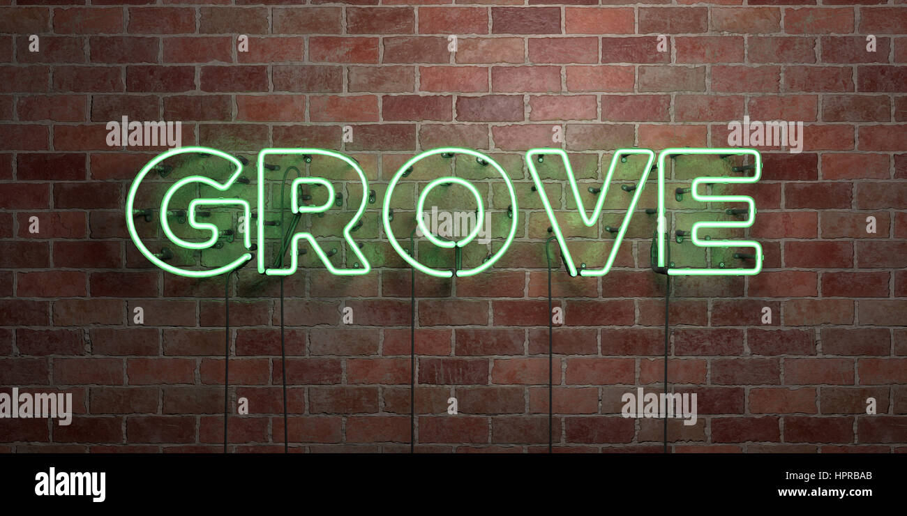 GROVE - fluorescent Neon tube Sign on brickwork - Front view - 3D ...