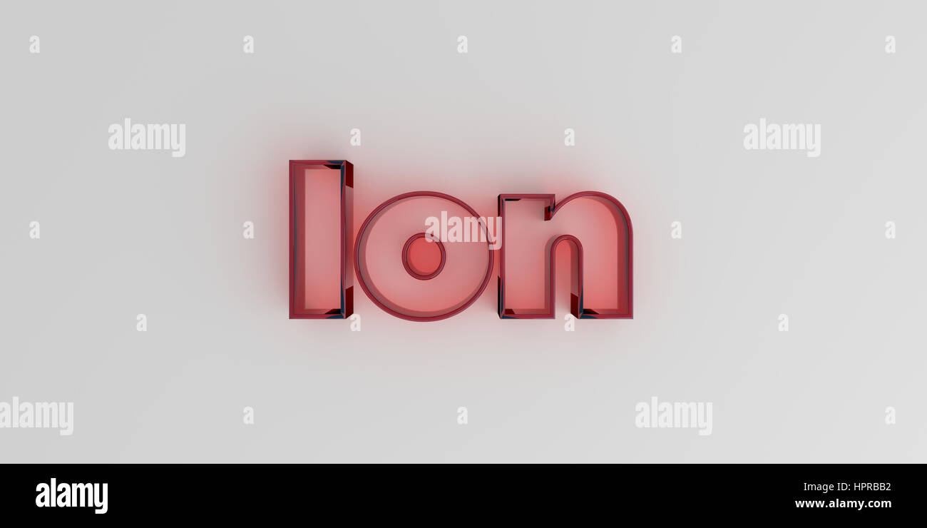 Ion - Red glass text on white background - 3D rendered royalty free ...