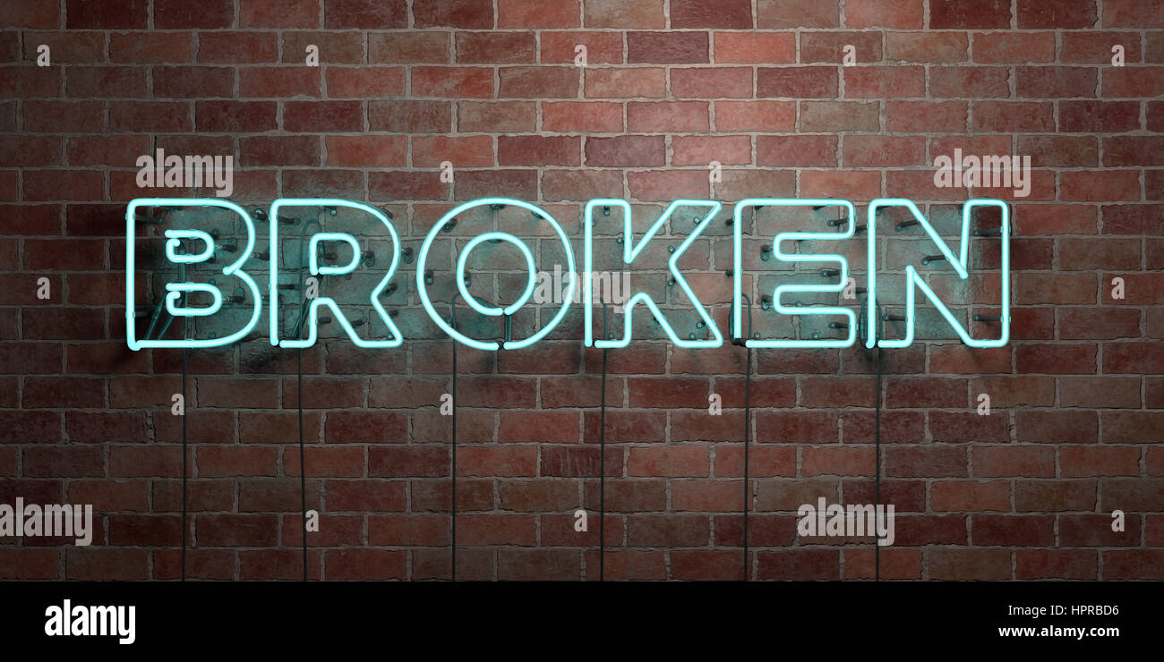 BROKEN - fluorescent Neon tube Sign on brickwork - Front view - 3D ...