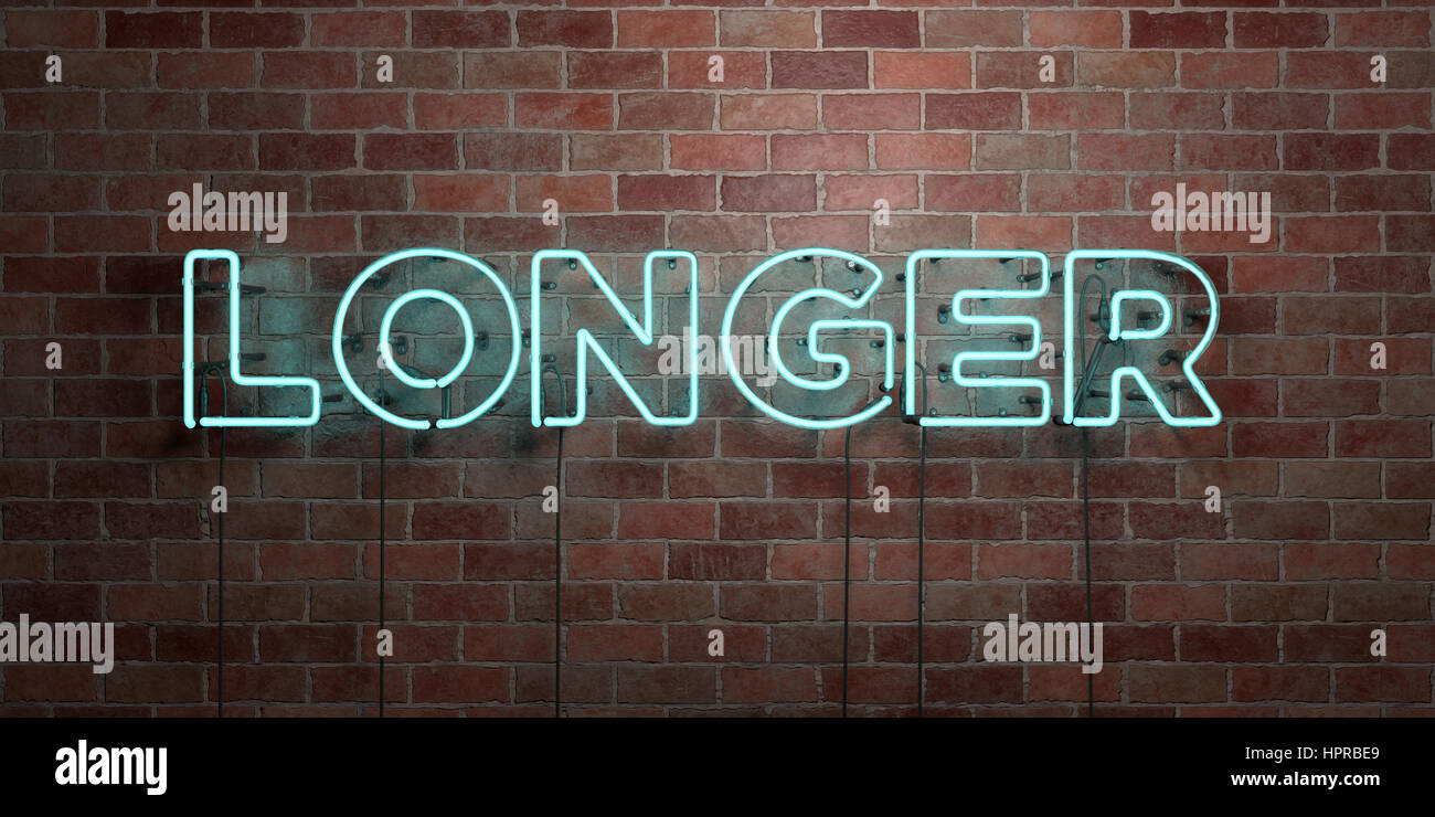 LONGER - fluorescent Neon tube Sign on brickwork - Front view - 3D ...