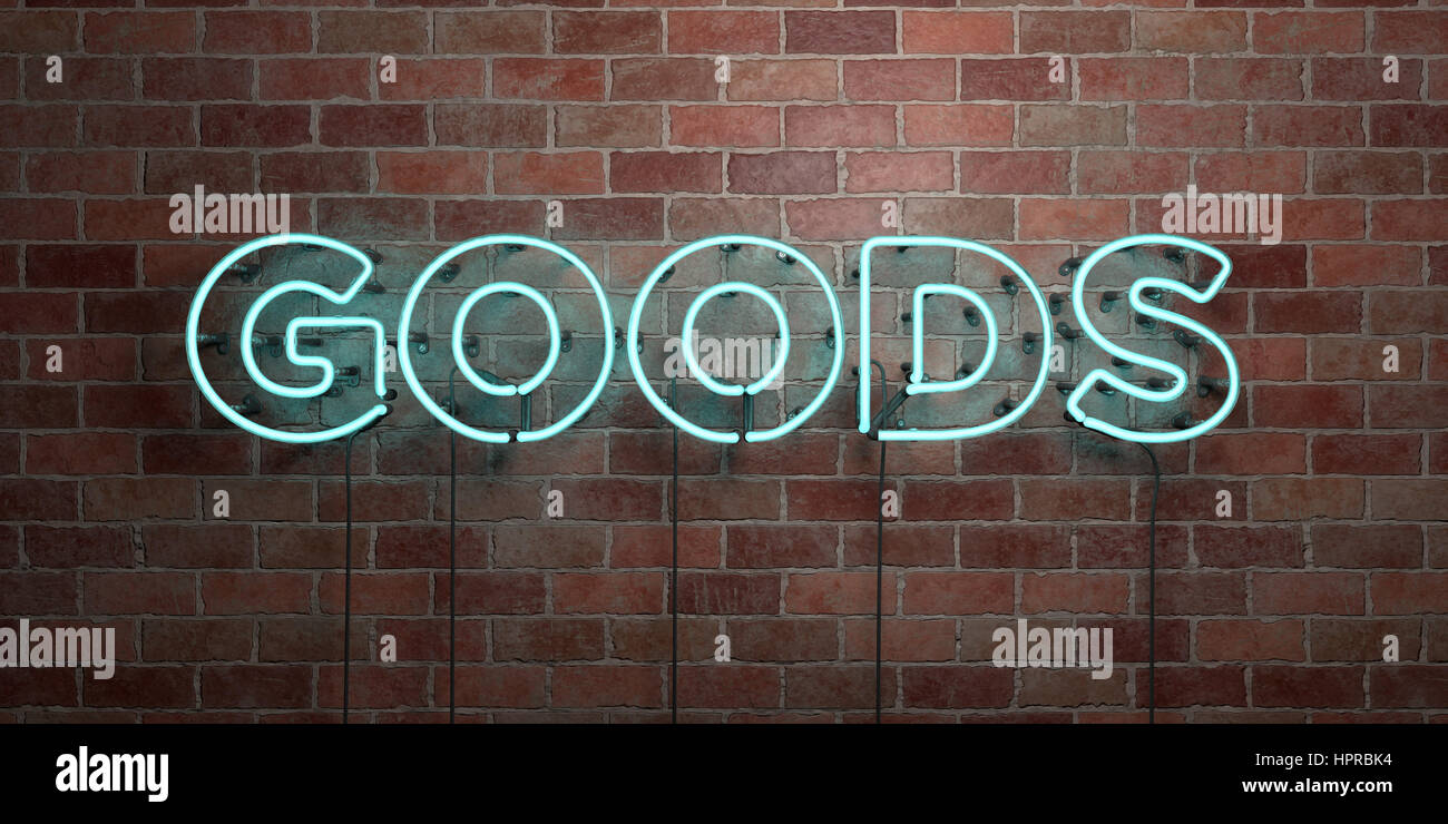 GOODS - fluorescent Neon tube Sign on brickwork - Front view - 3D ...
