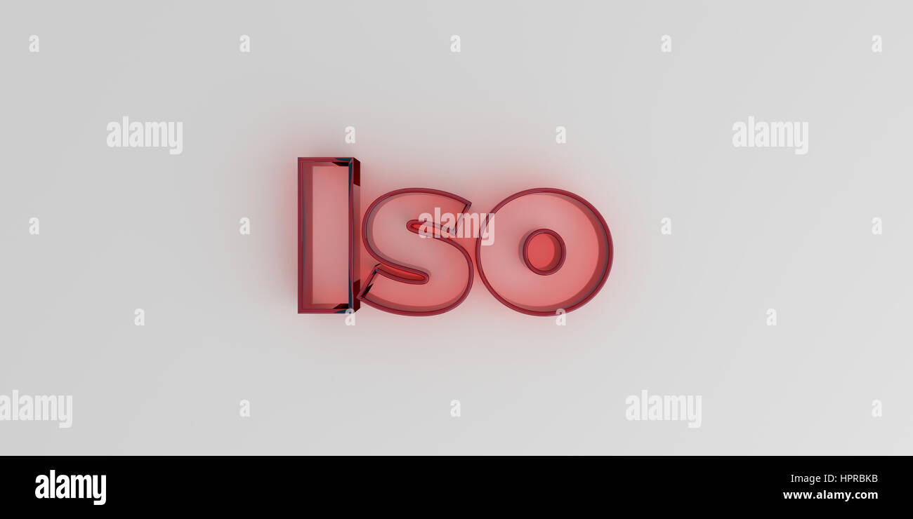 Iso - Red glass text on white background - 3D rendered royalty free ...