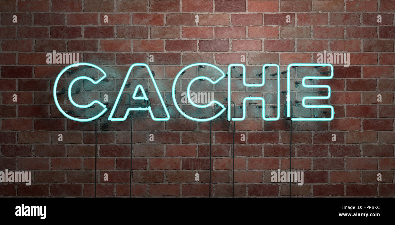 CACHE - fluorescent Neon tube Sign on brickwork - Front view - 3D ...