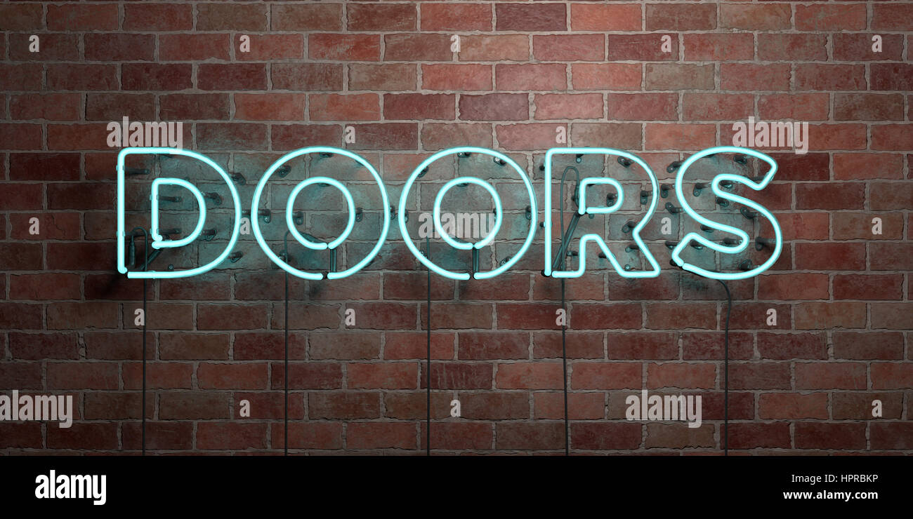 DOORS - fluorescent Neon tube Sign on brickwork - Front view - 3D ...