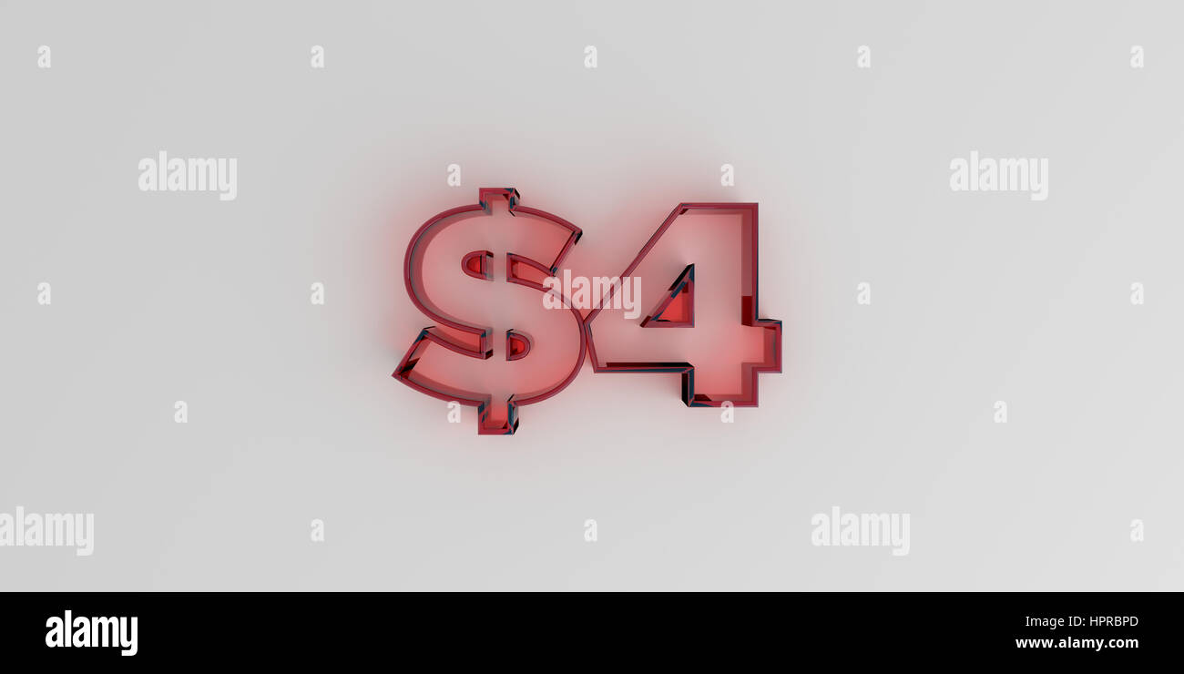 $4 - Red glass text on white background - 3D rendered royalty free ...