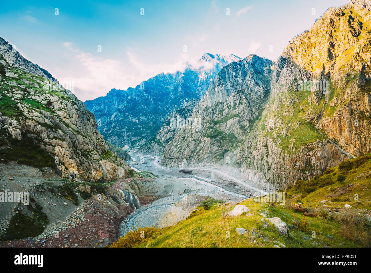 Evening In The Daryal Gorge. Beautiful Blue Sky Over Mountains And ...