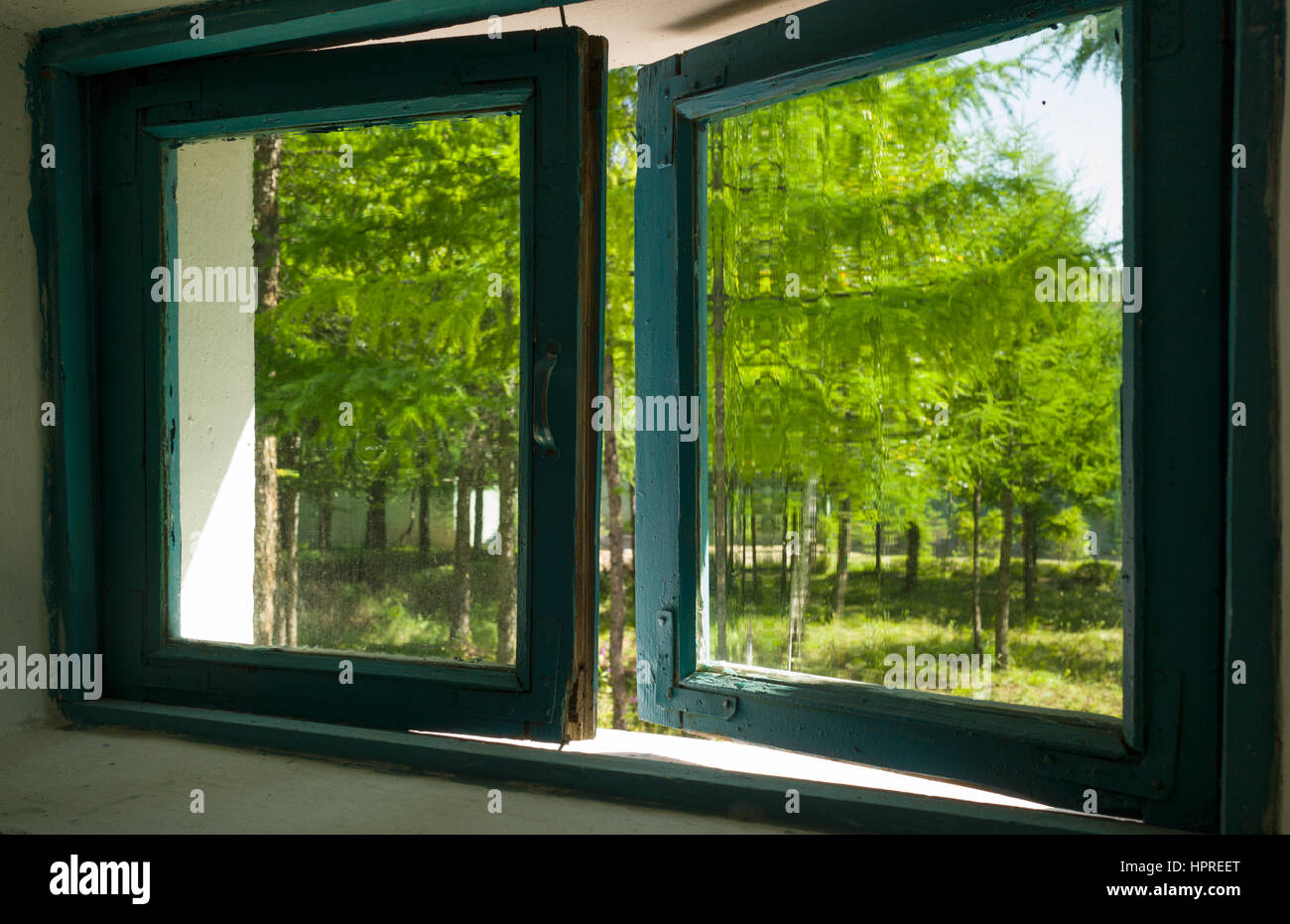 Part opened window in building on edge of woodland, Samjiyon. DPRK ...