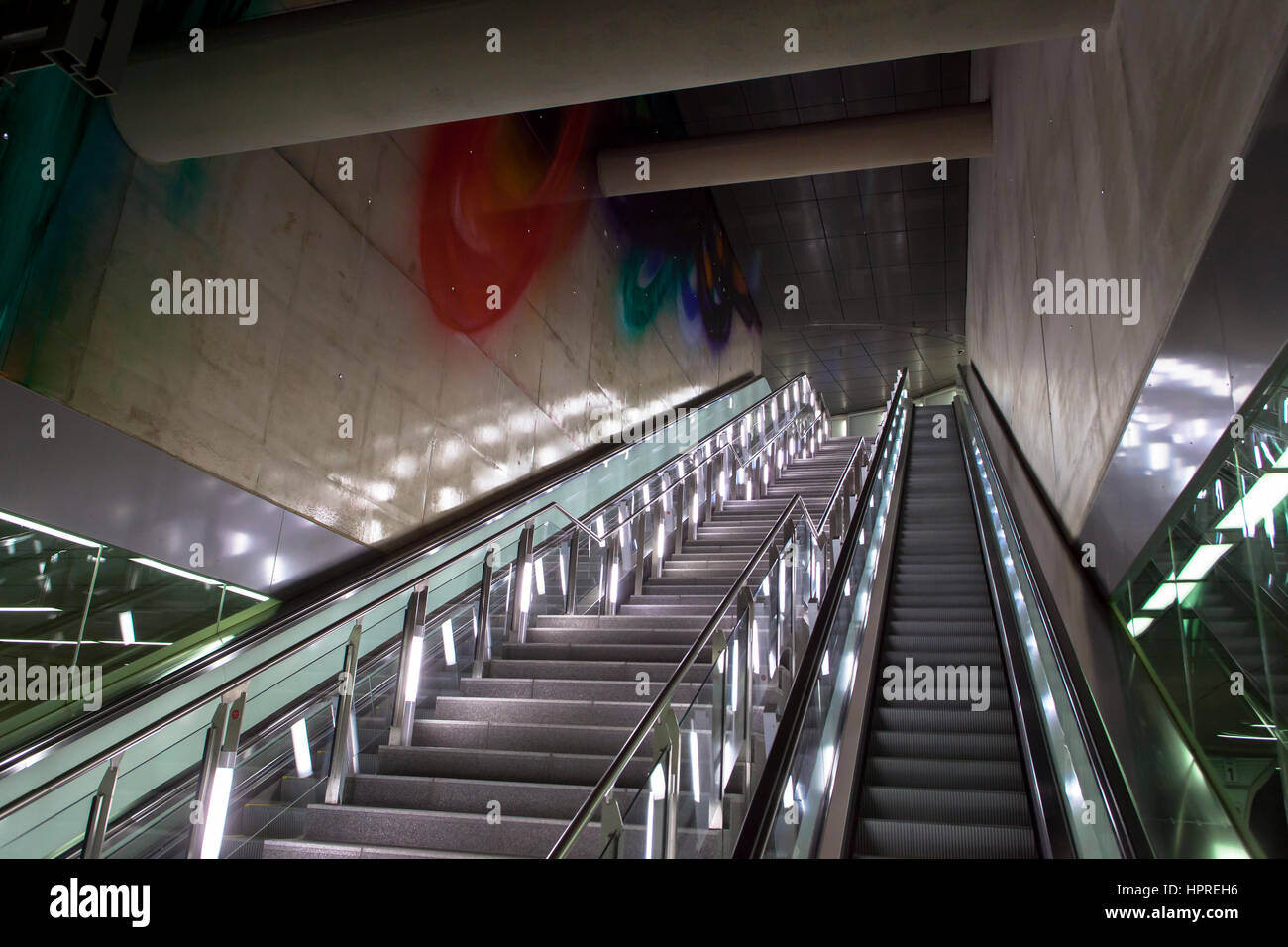 Germany, Cologne, stairs of the subway station at the Chlodwig square ...