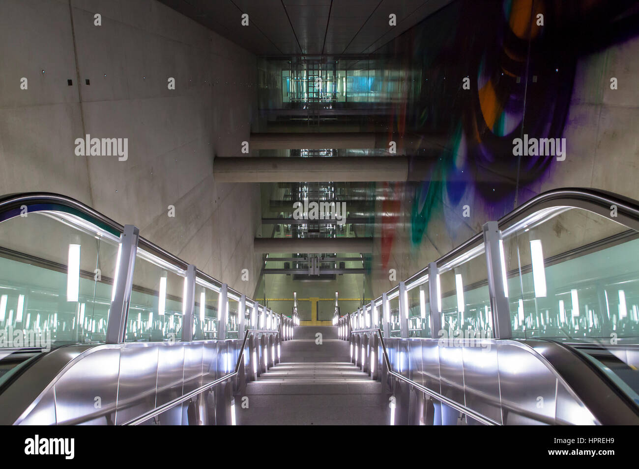 Germany, Cologne, stairs of the subway station at the Chlodwig square ...