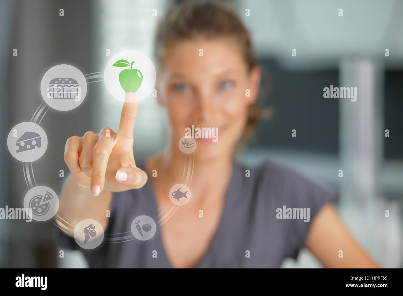 Diet concept. Touch screen food and drink Stock Photo - Alamy