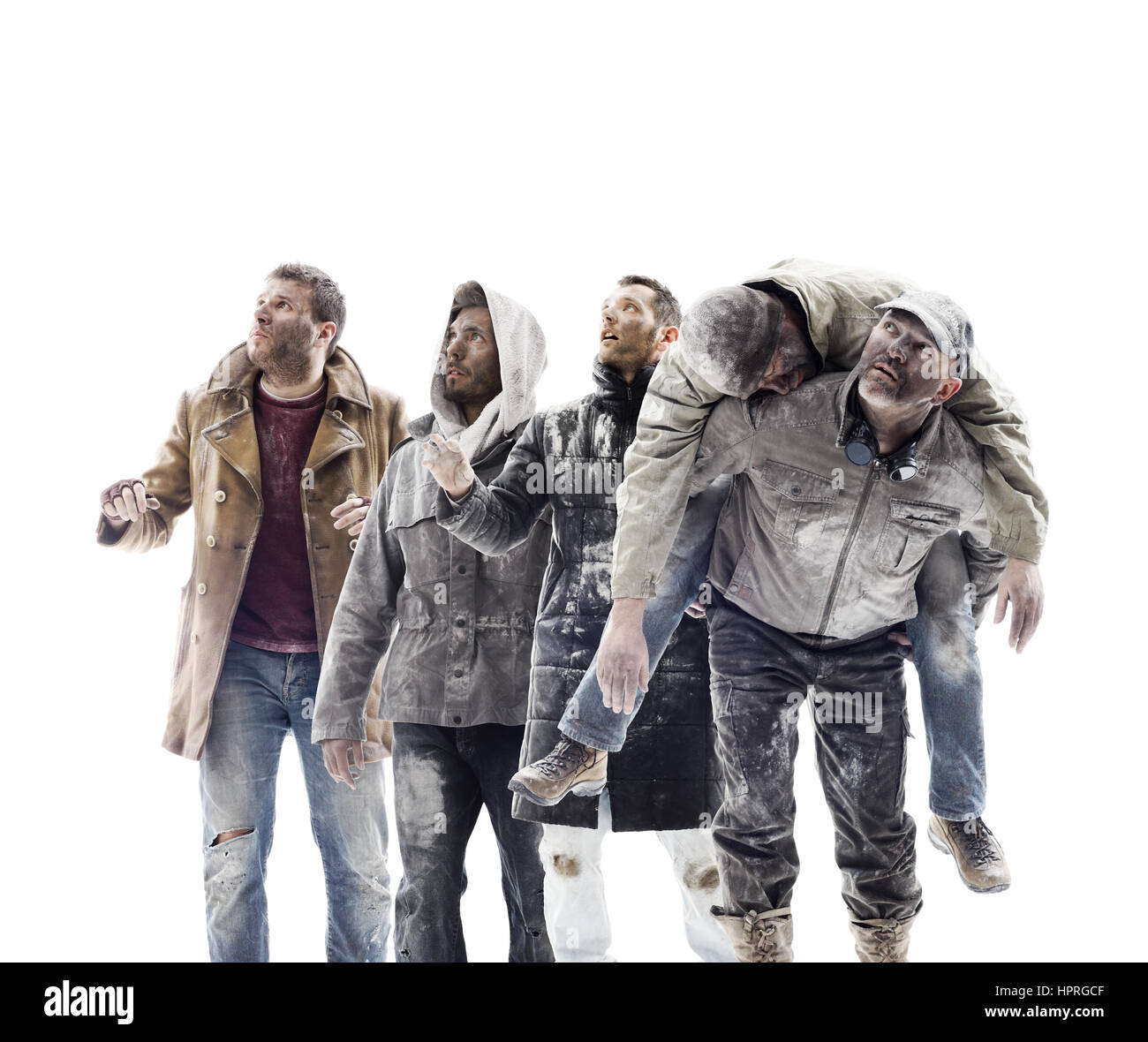A group of people worried looking to the sky. White background Stock ...