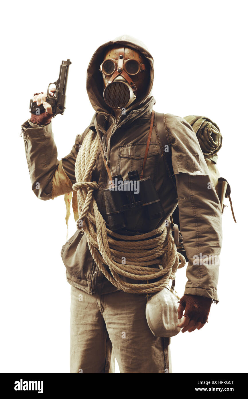 Post apocalyptic survivor in gas mask on white background Stock Photo ...