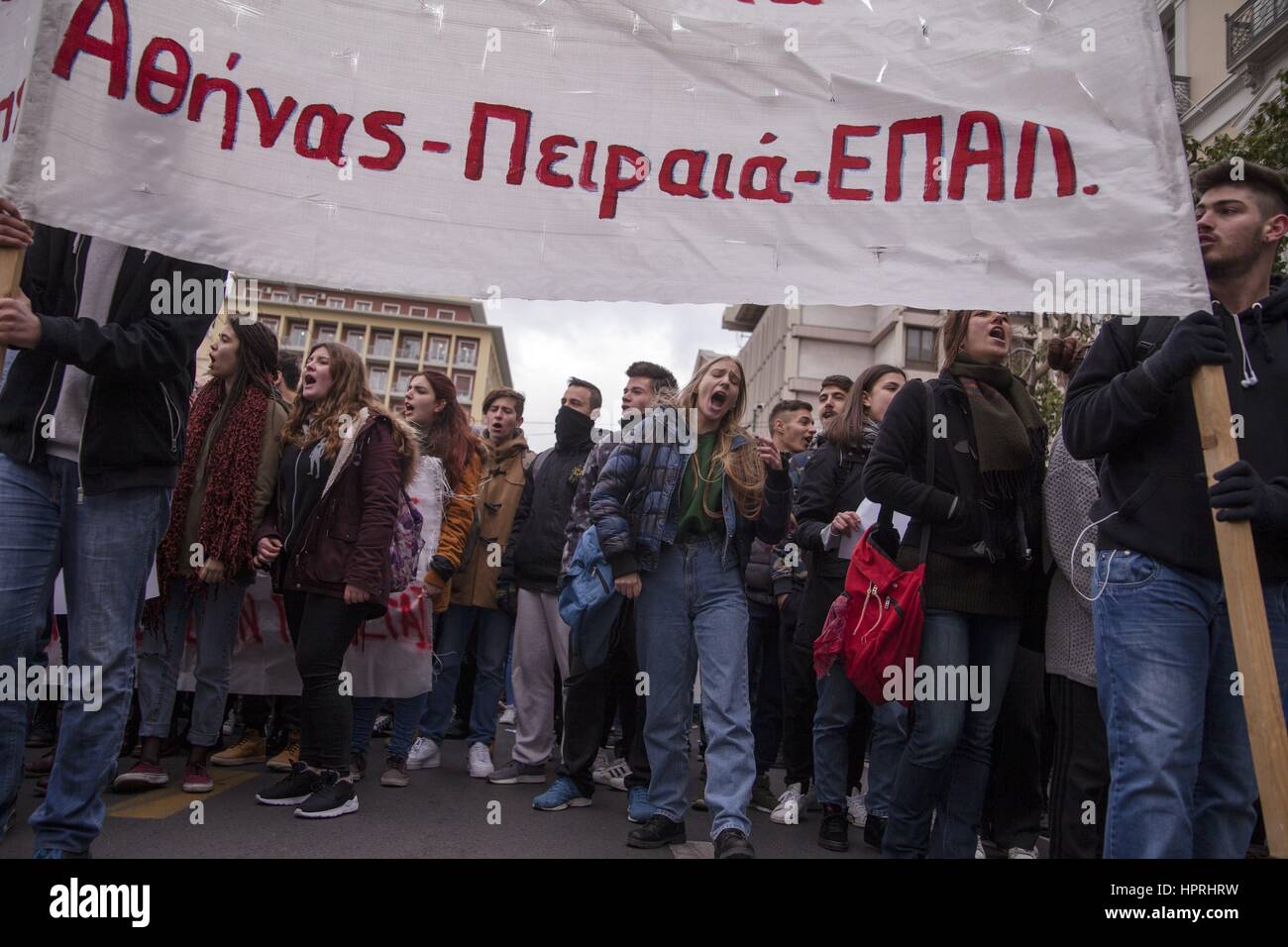 Greek High-School students of Athens and Piraeus protest against ...