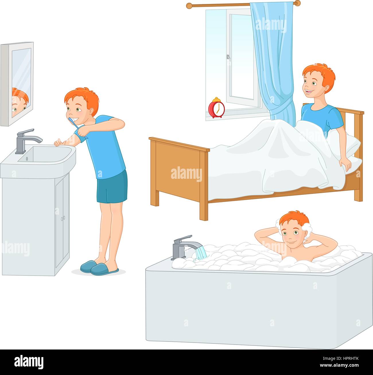 Boy doing his morning routine vector illustration Stock Vector Image ...