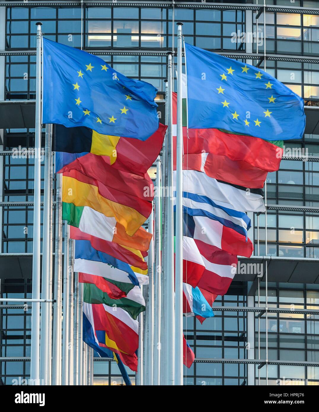 European flags waving in front of European Parliament in Strasbourg ...