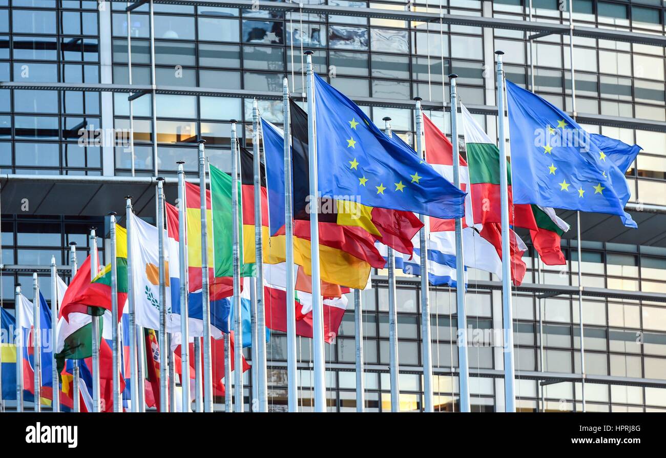 European flags waving in front of European Parliament in Strasbourg ...