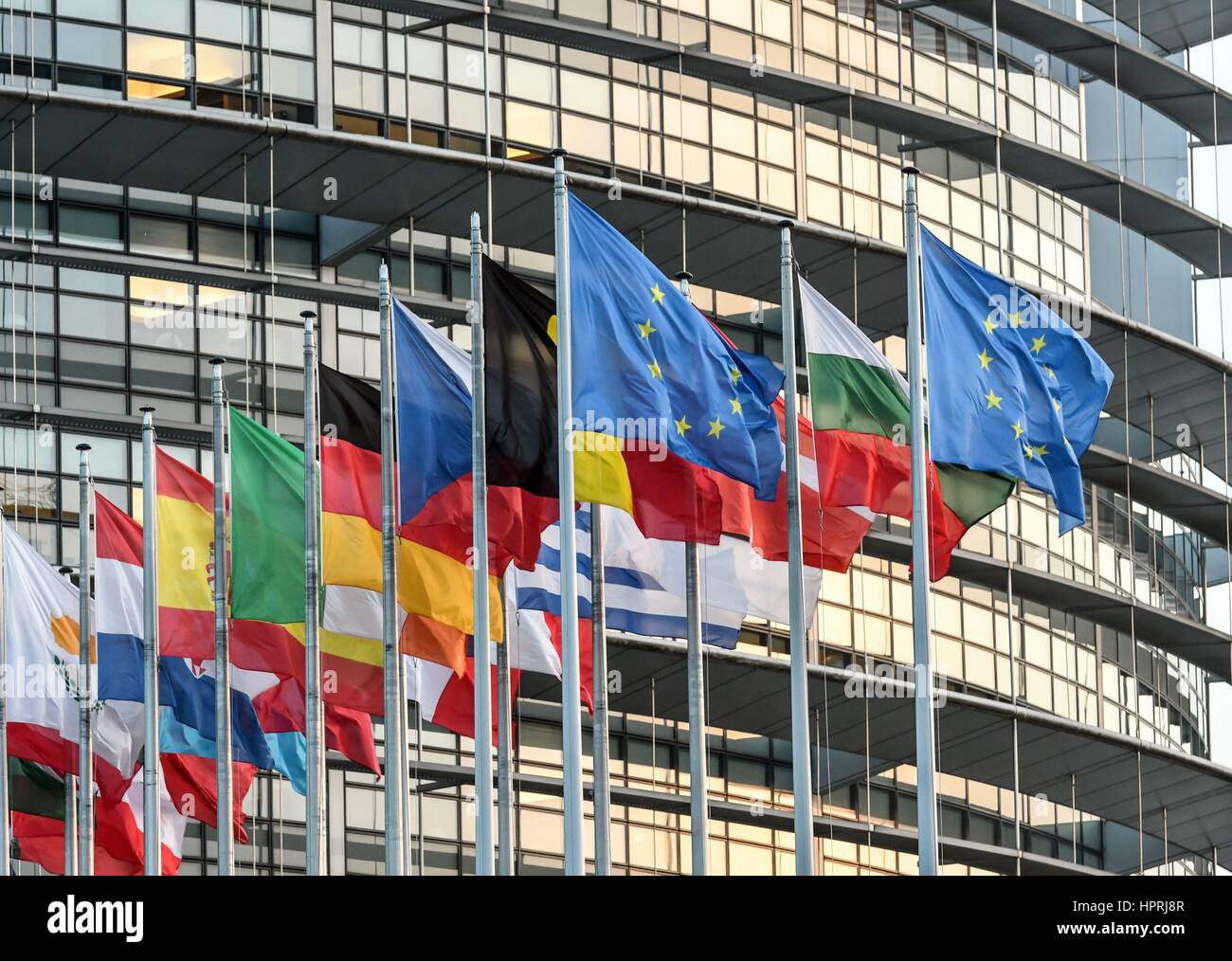 European flags waving in front of European Parliament in Strasbourg ...