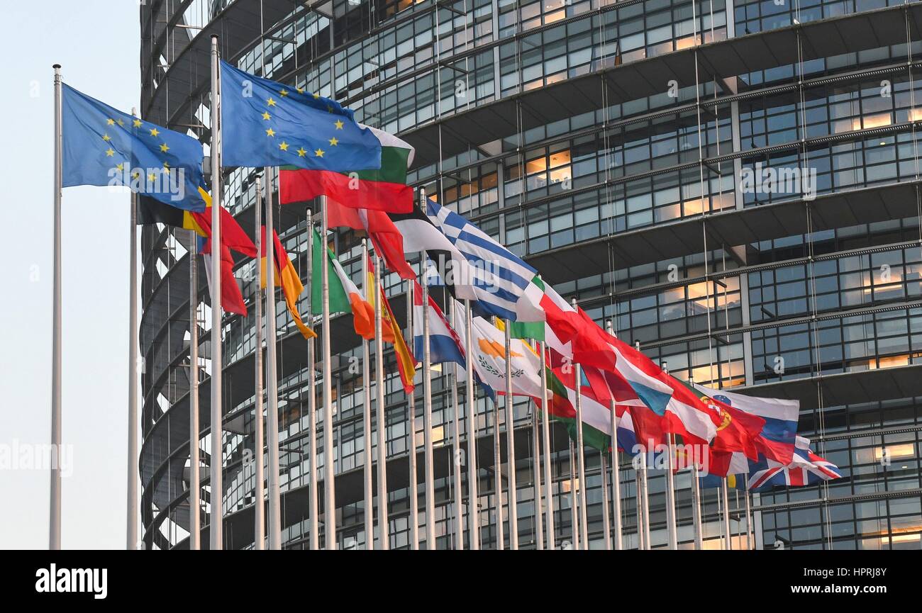 European flags waving in front of European Parliament in Strasbourg ...