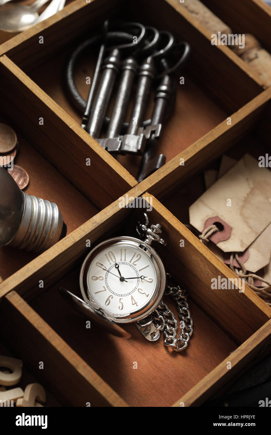 close up of old objects in a drawer with compartments Stock Photo - Alamy