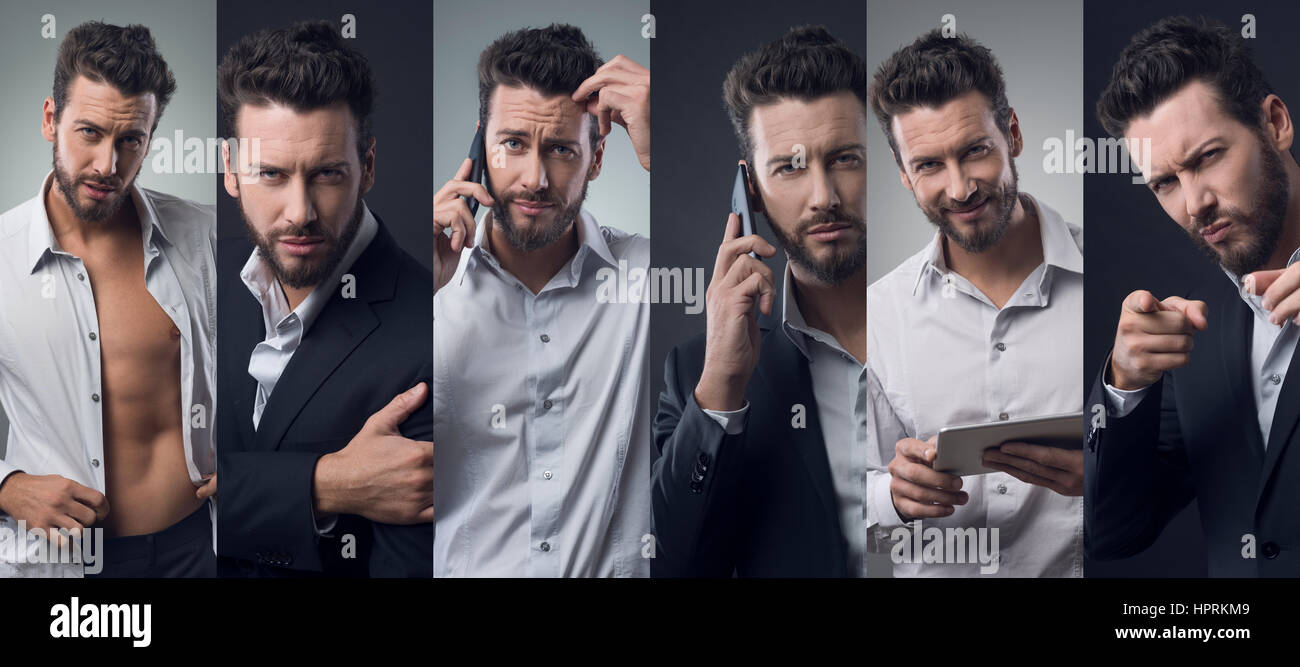 Confident young cool man posing. Photo collage Stock Photo - Alamy