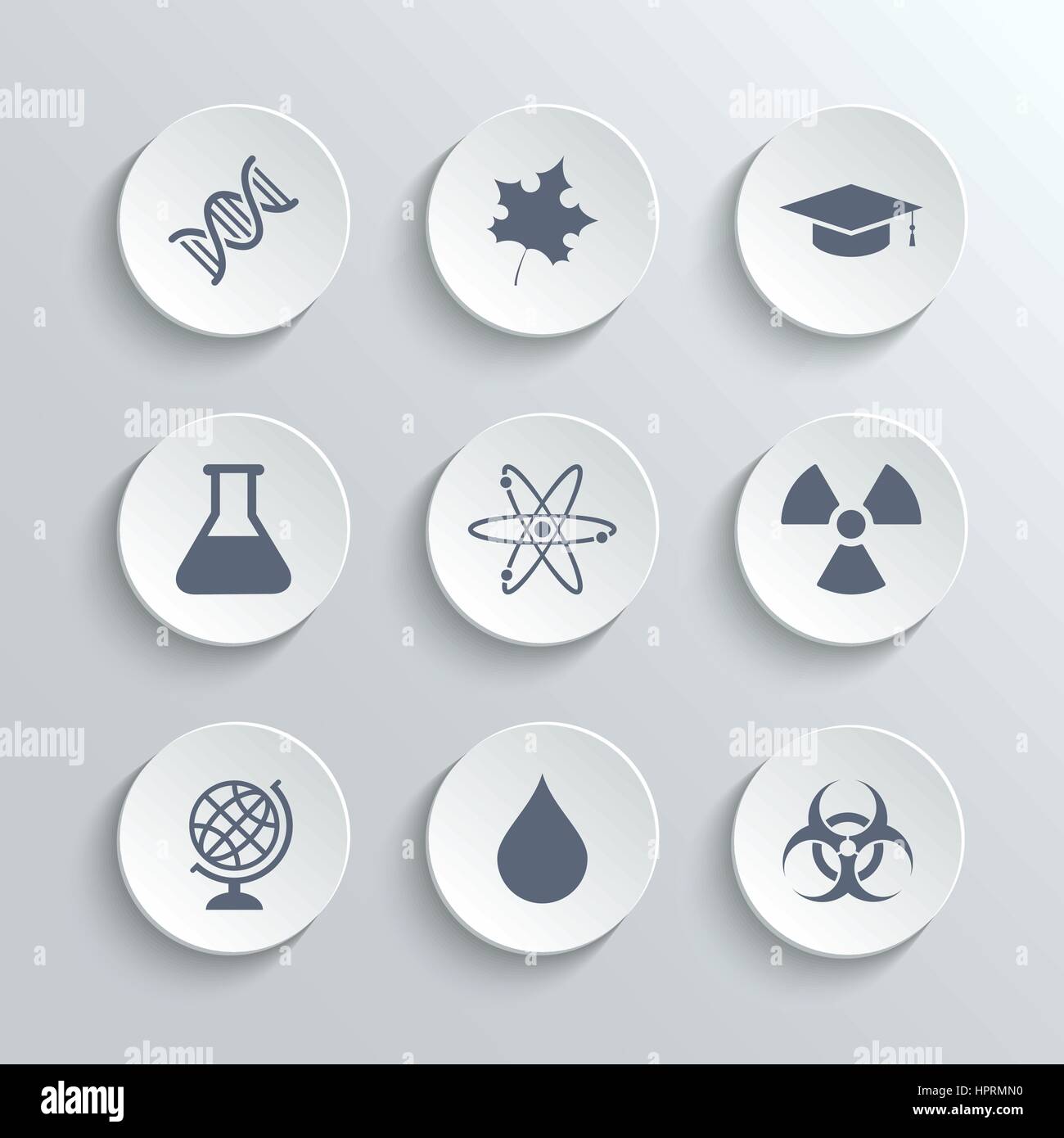 Science icons set - vector white round buttons with dna maple leaf ...