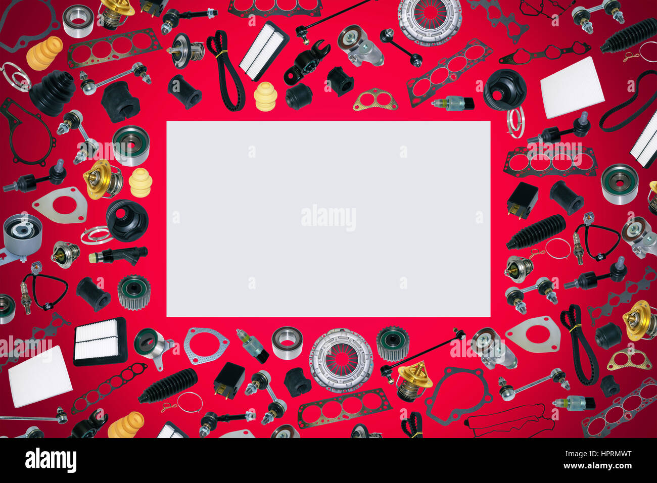 Spare auto parts car on the red background set. Frame for advertising ...