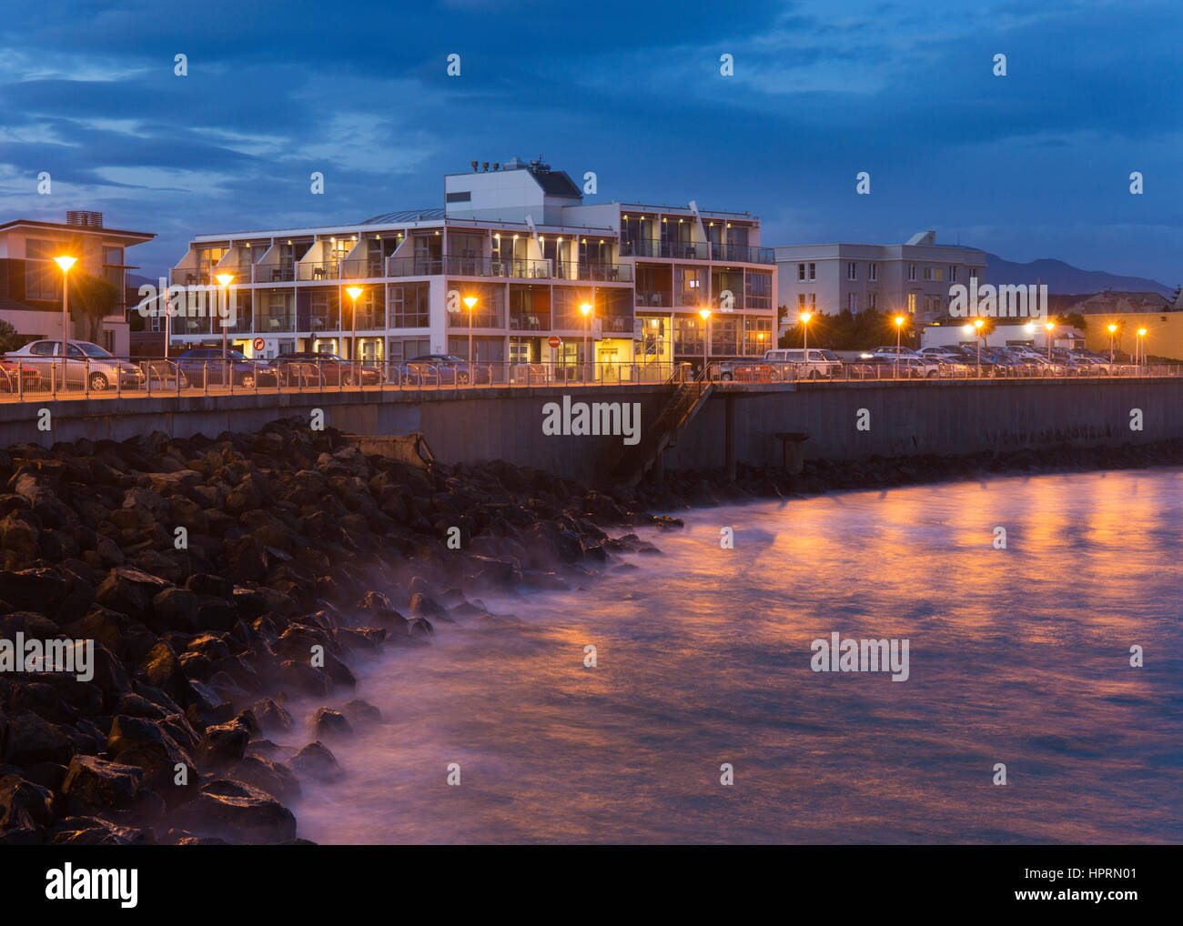 Dunedin, Otago, New Zealand. View along the illuminated esplanade at ...