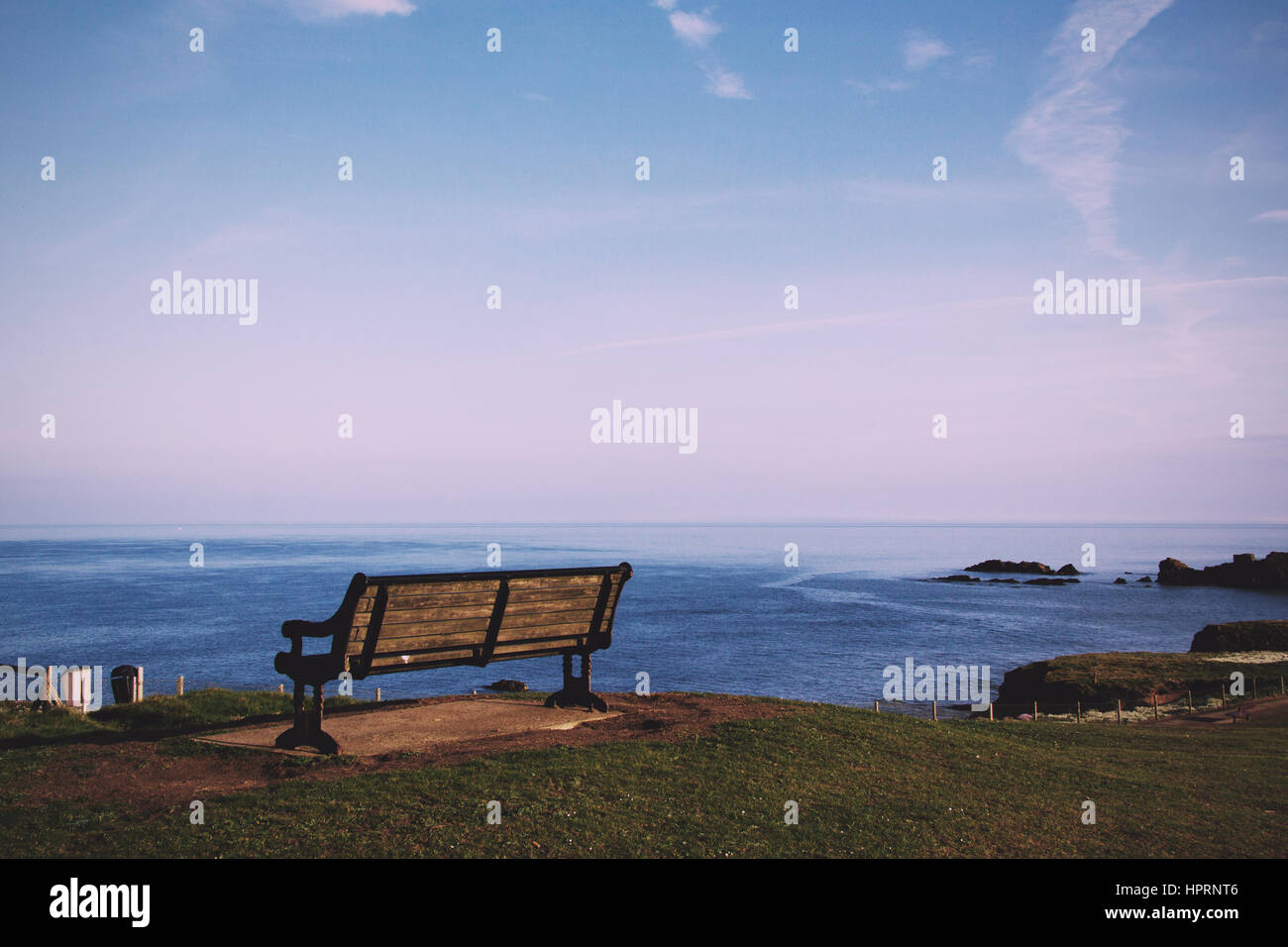 Empty bench over looking the coast in Bude, Cornwall Vintage Retro ...