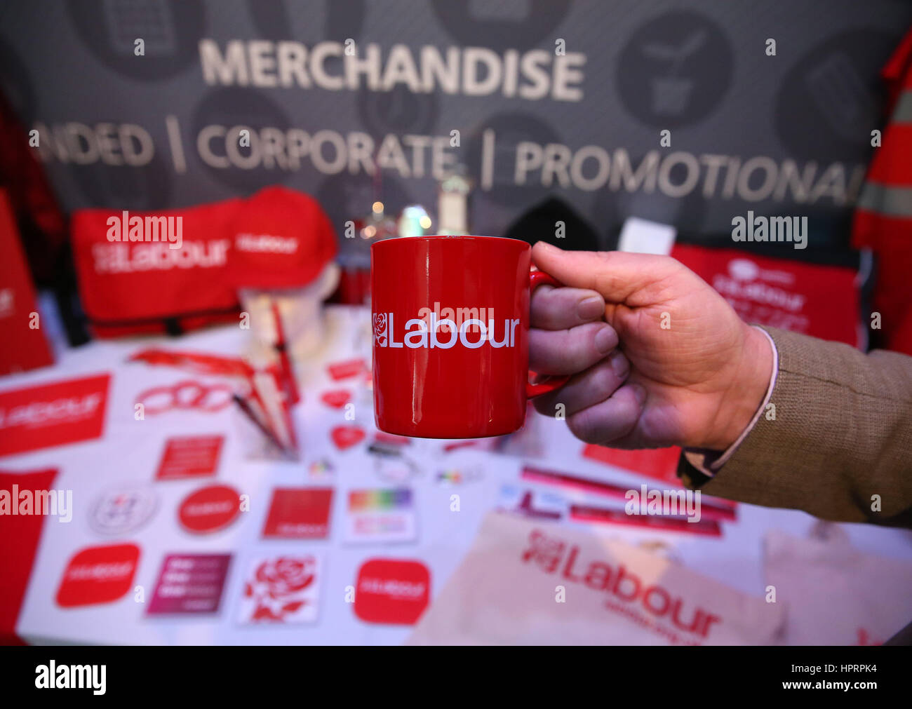 A mug is held at a Labour merchandise stall at the Scottish Labour ...