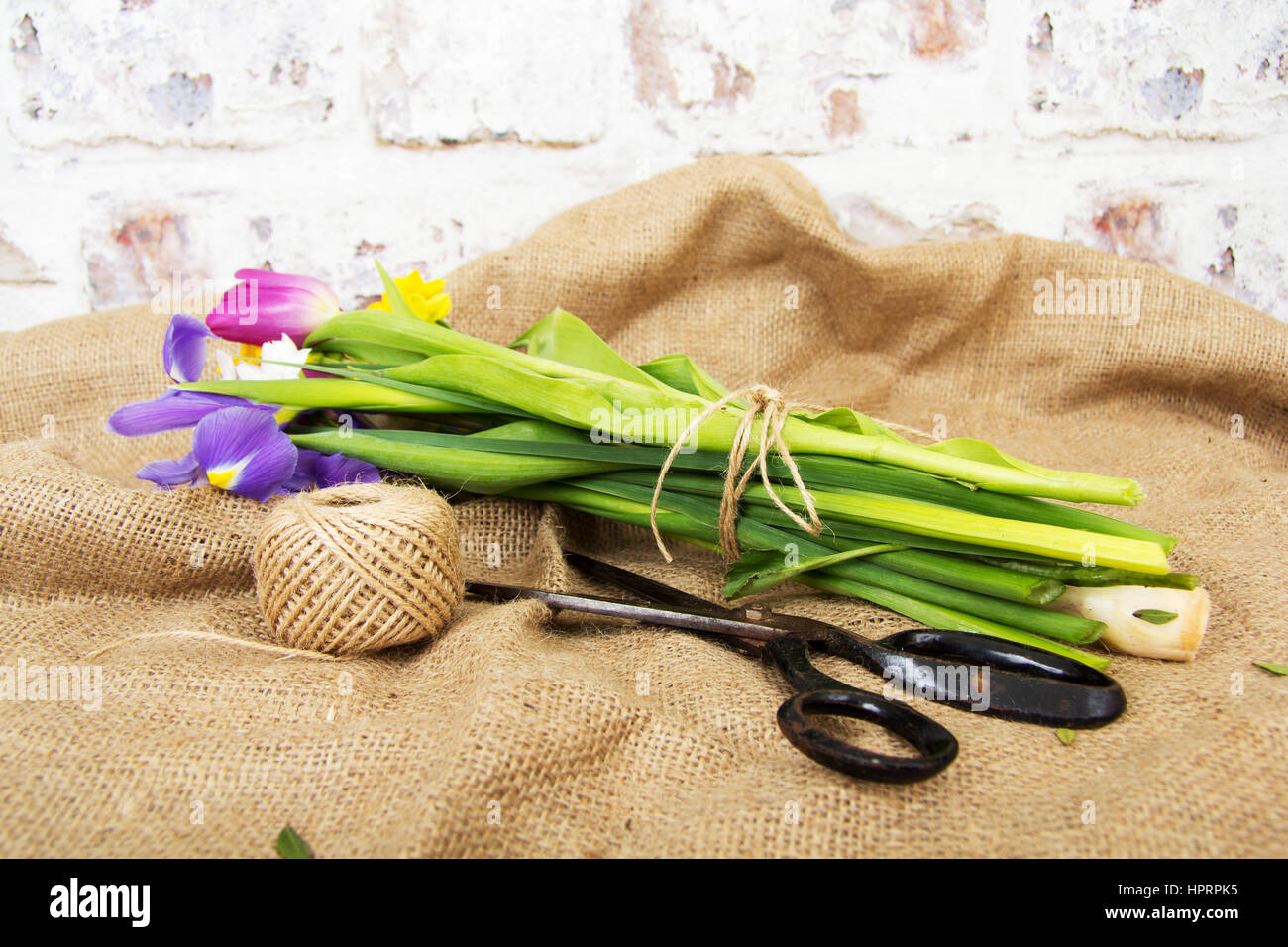 Spring cut flower arrangement against a rustic background Stock Photo ...