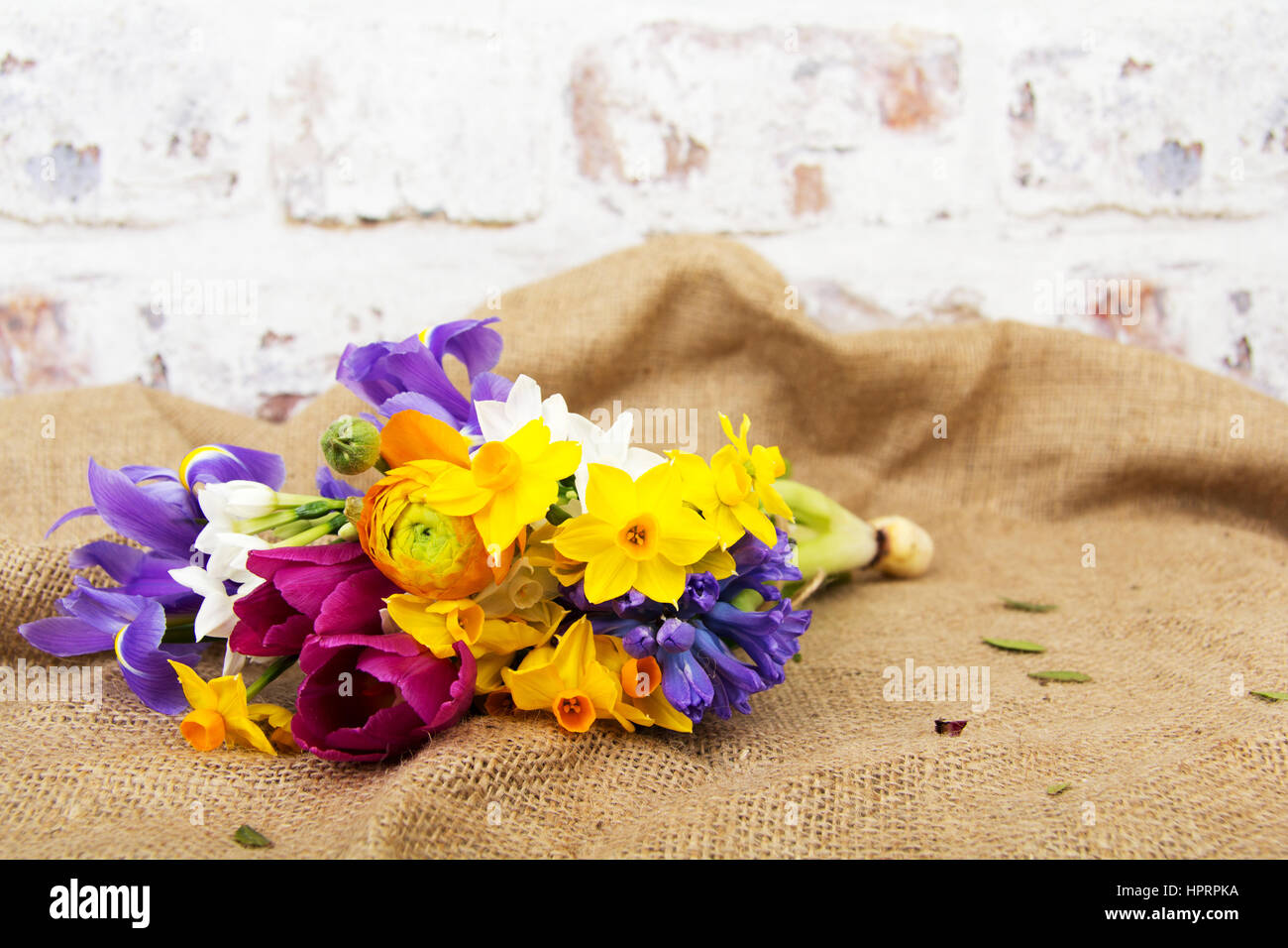 Spring cut flower arrangement against a rustic background Stock Photo ...
