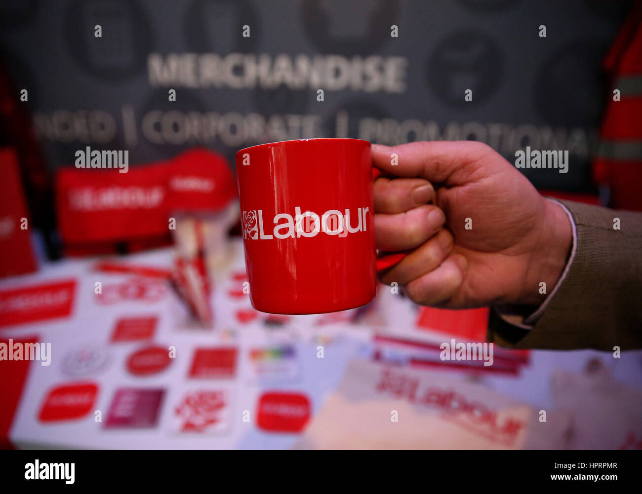 A mug is held at a Labour merchandise stall at the Scottish Labour ...