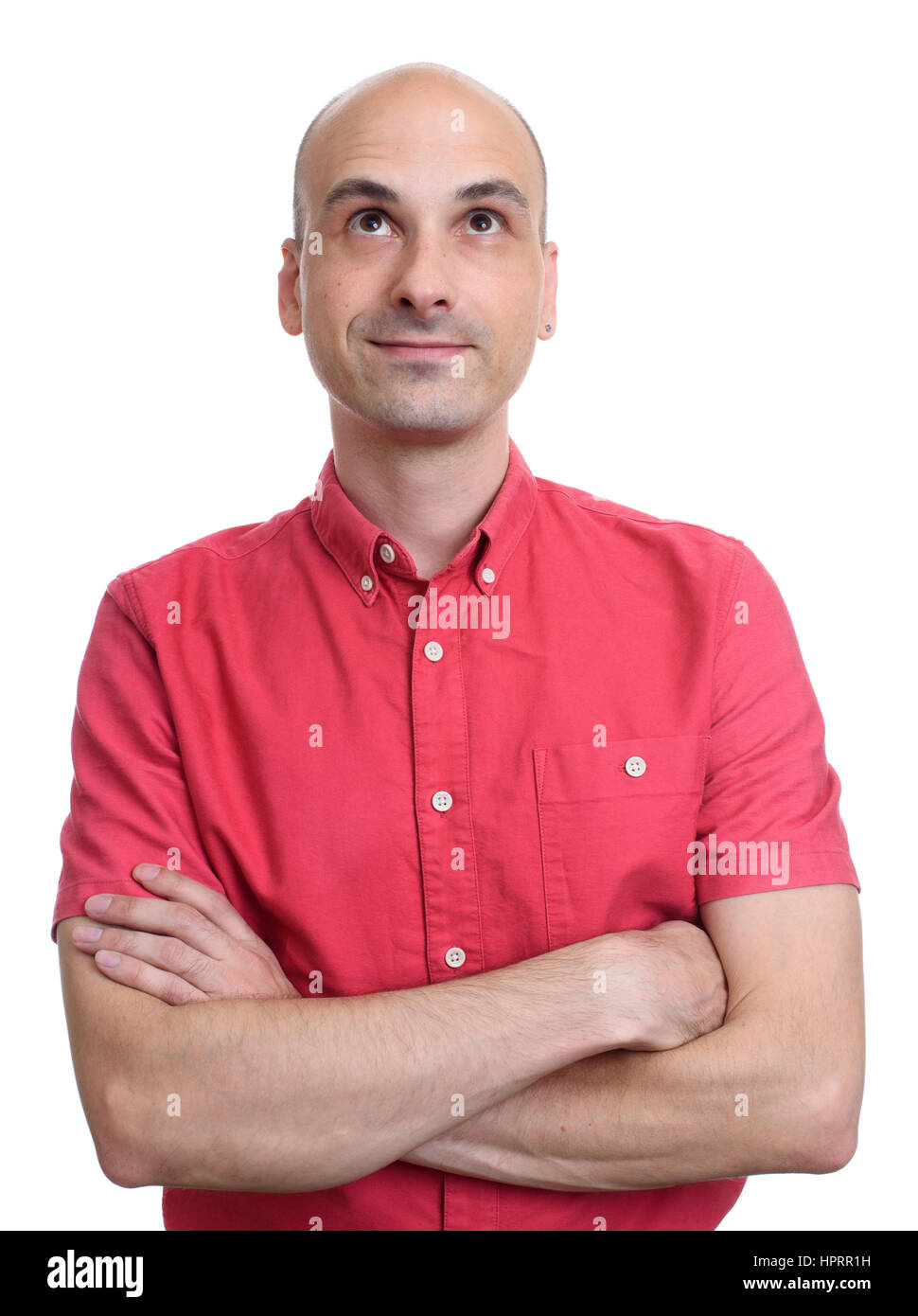 bald man wearing red shirt looking up. Isolated on white Stock Photo ...
