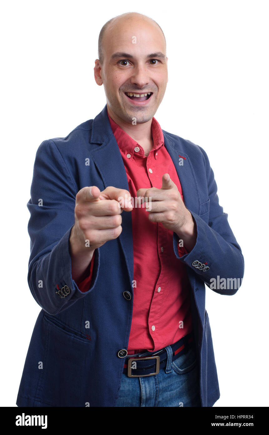 bald man pointing at you. Isolated on white background Stock Photo - Alamy