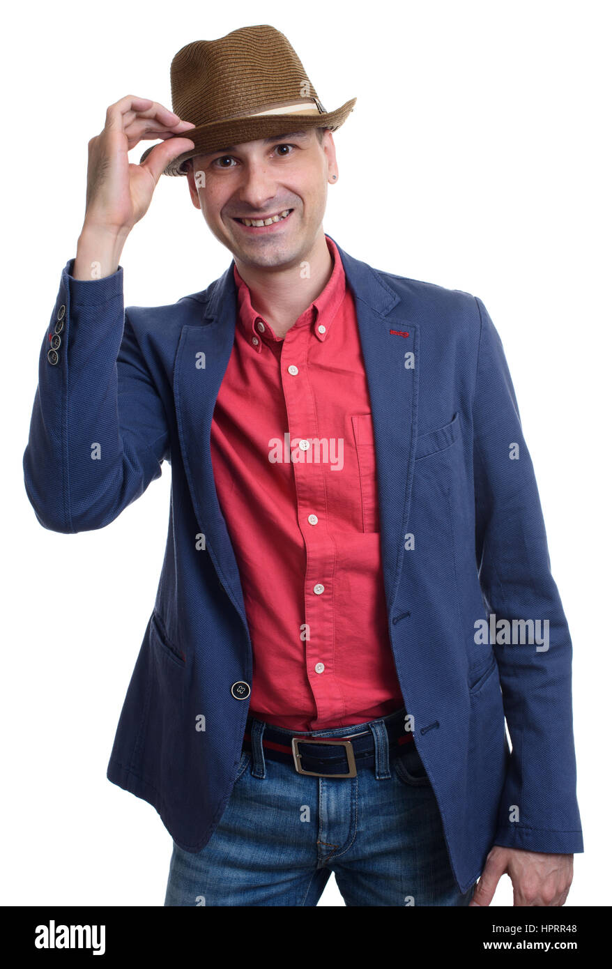 Fashionable Handsome man with a hat. Isolated on white background Stock ...