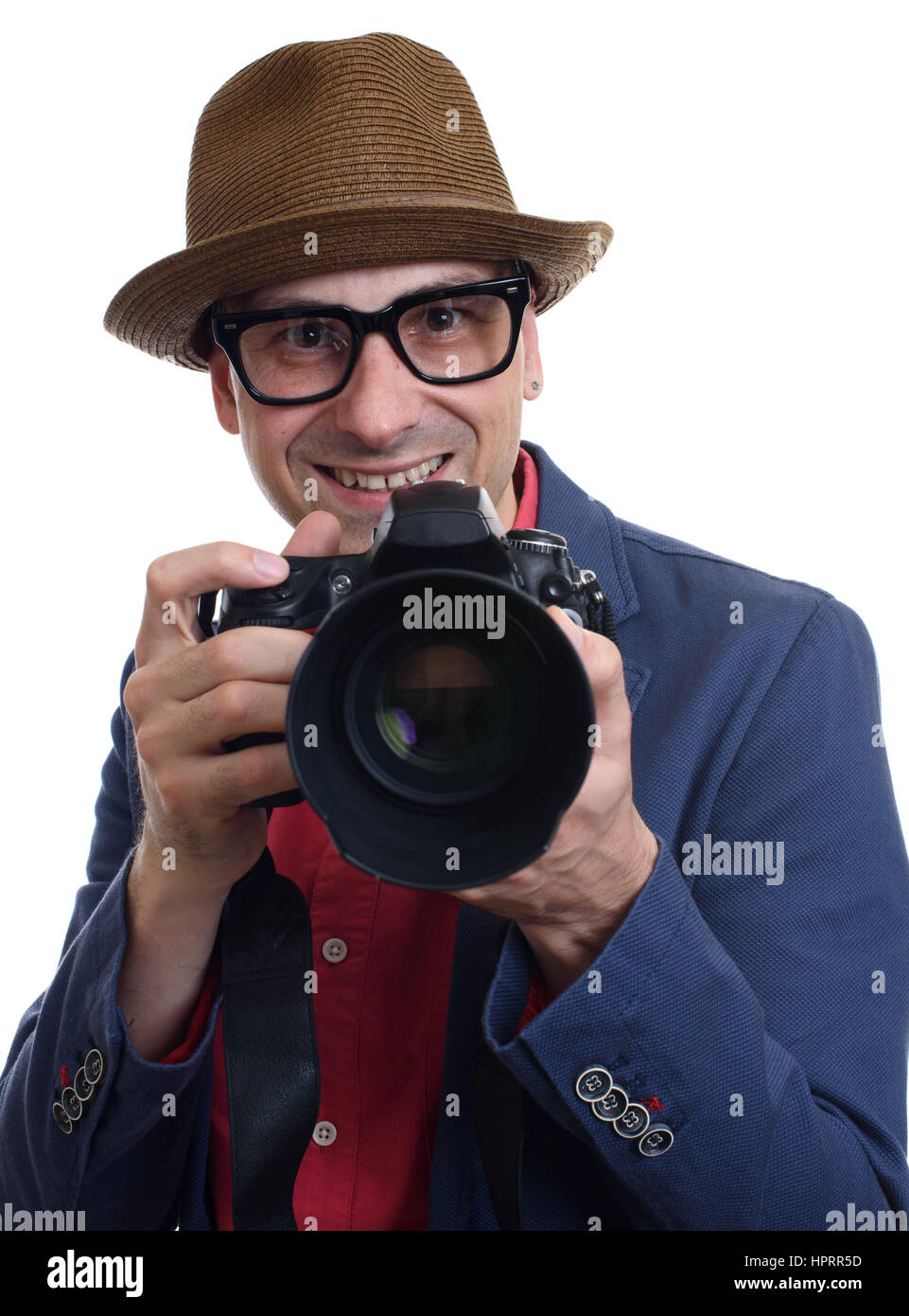 Male photographer with a camera, isolated on white background Stock ...