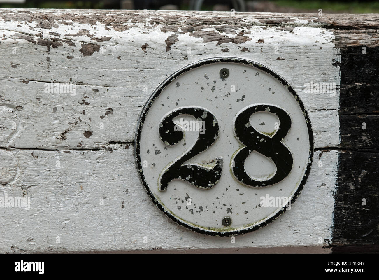 The number 28 black on white in a circular border painted against a ...