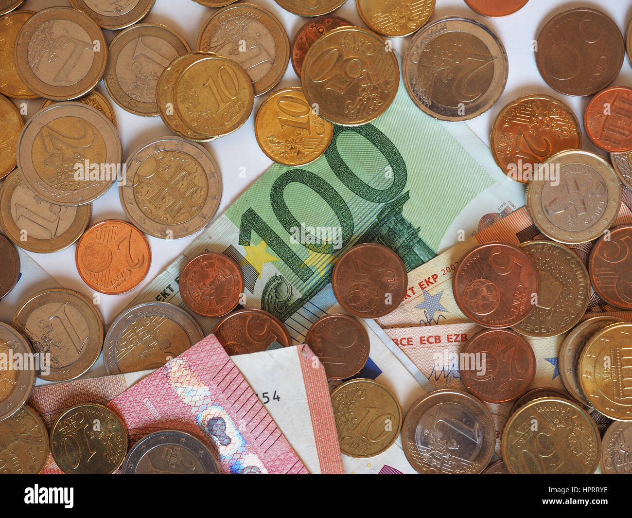 Euro (EUR) banknotes and coins, currency of European Union (EU) useful ...