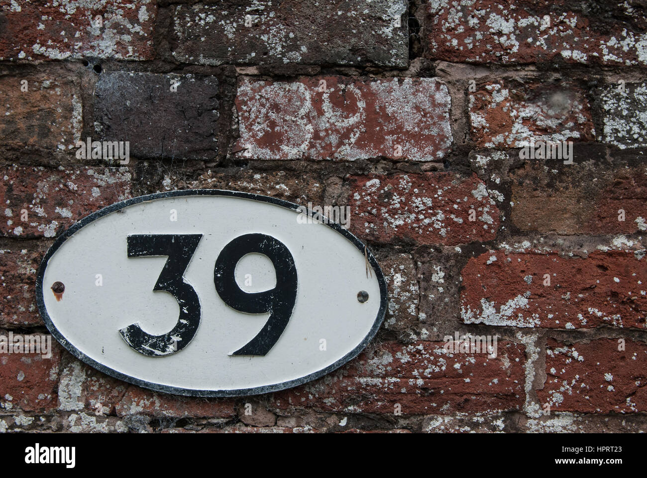 An oval plaque depicting the number 39 against a brick background Stock ...